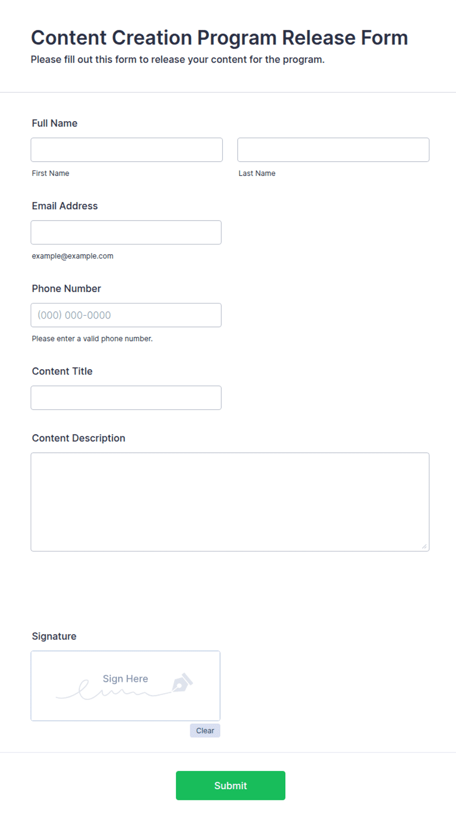 Content Creation Program Release Form Template | Jotform