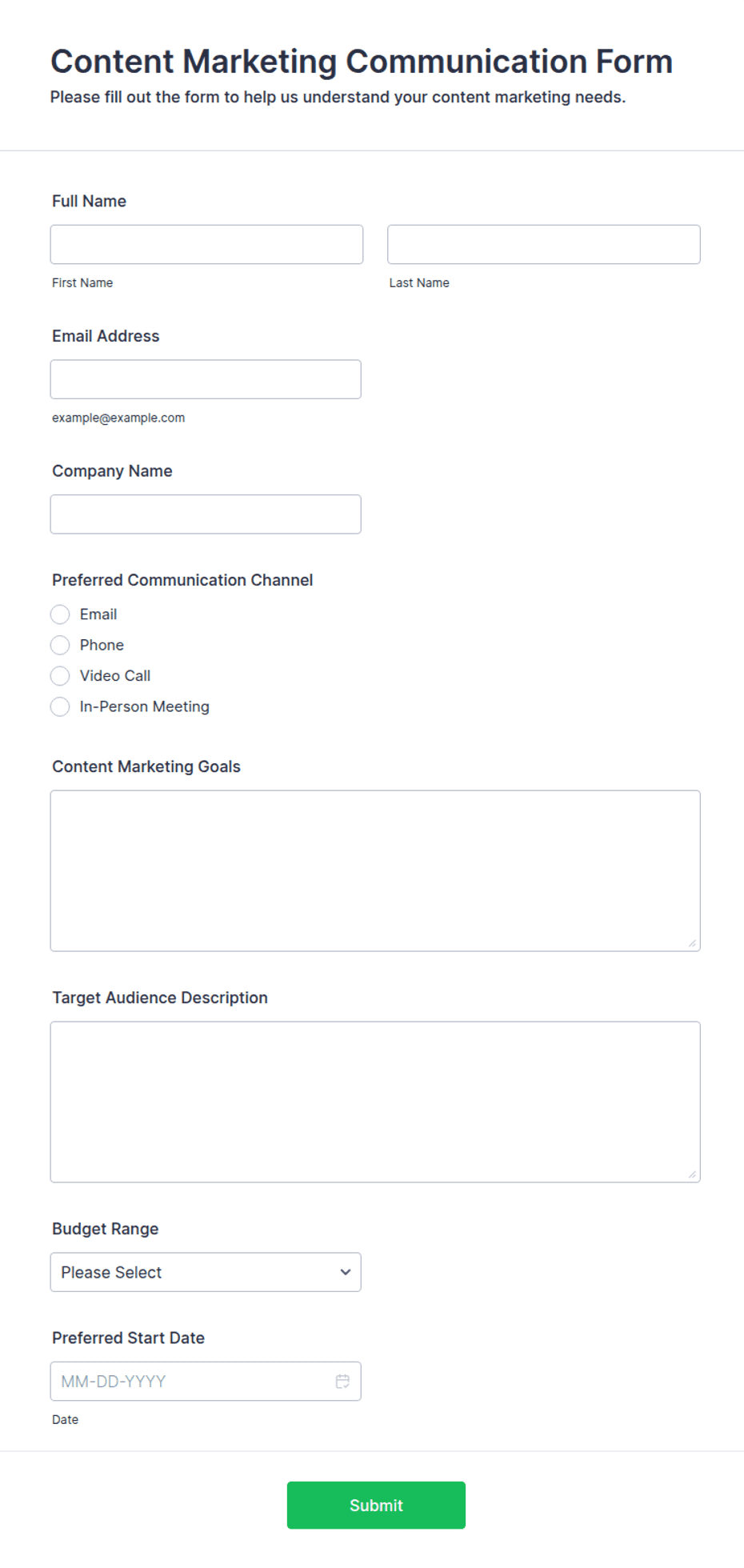 Content Marketing Communication Form Template | Jotform