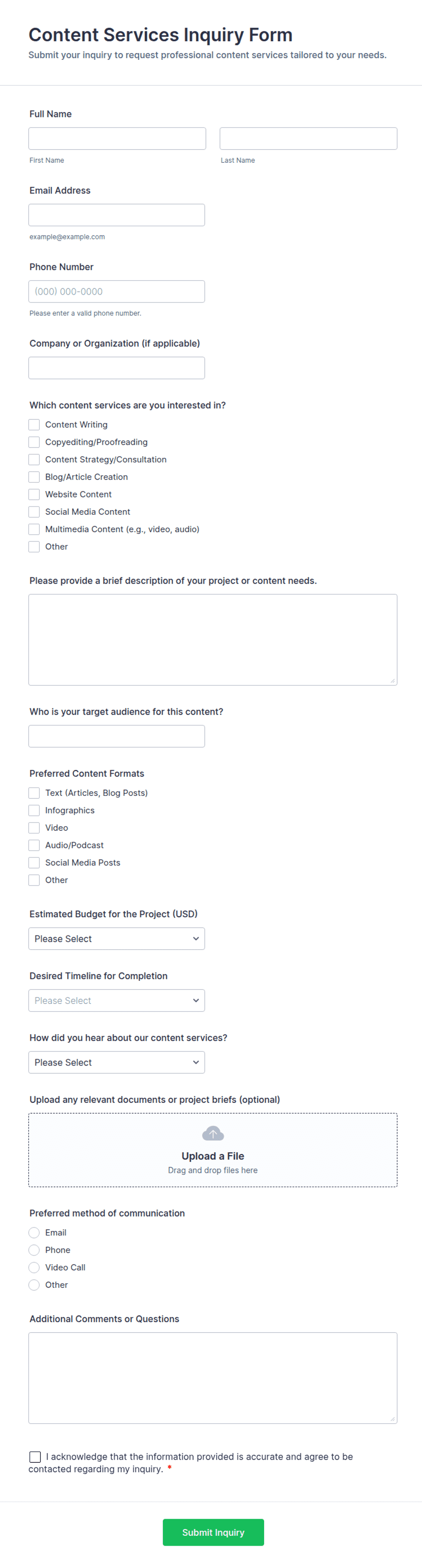 Content Services Inquiry Form Template | Jotform