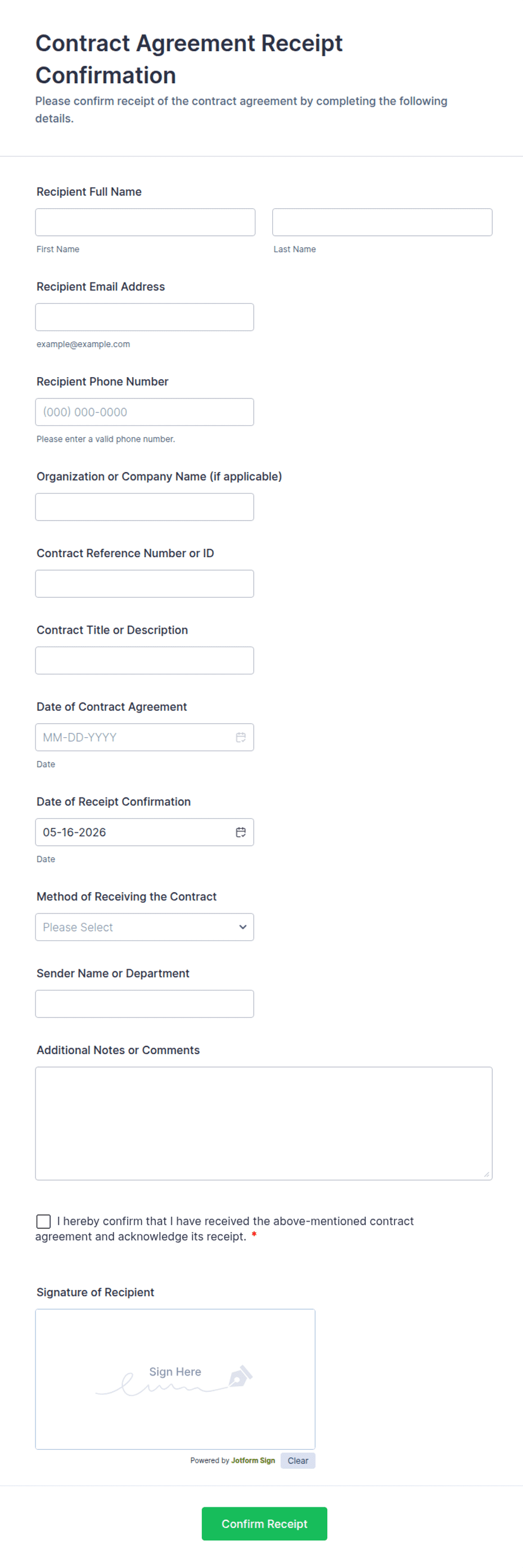 Contract Agreement Receipt Confirmation Form Template | Jotform