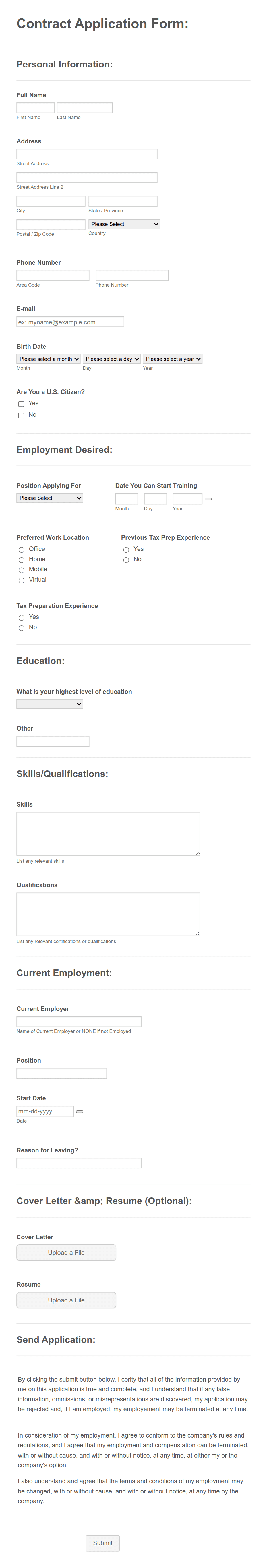 Contract Application Form Template | Jotform