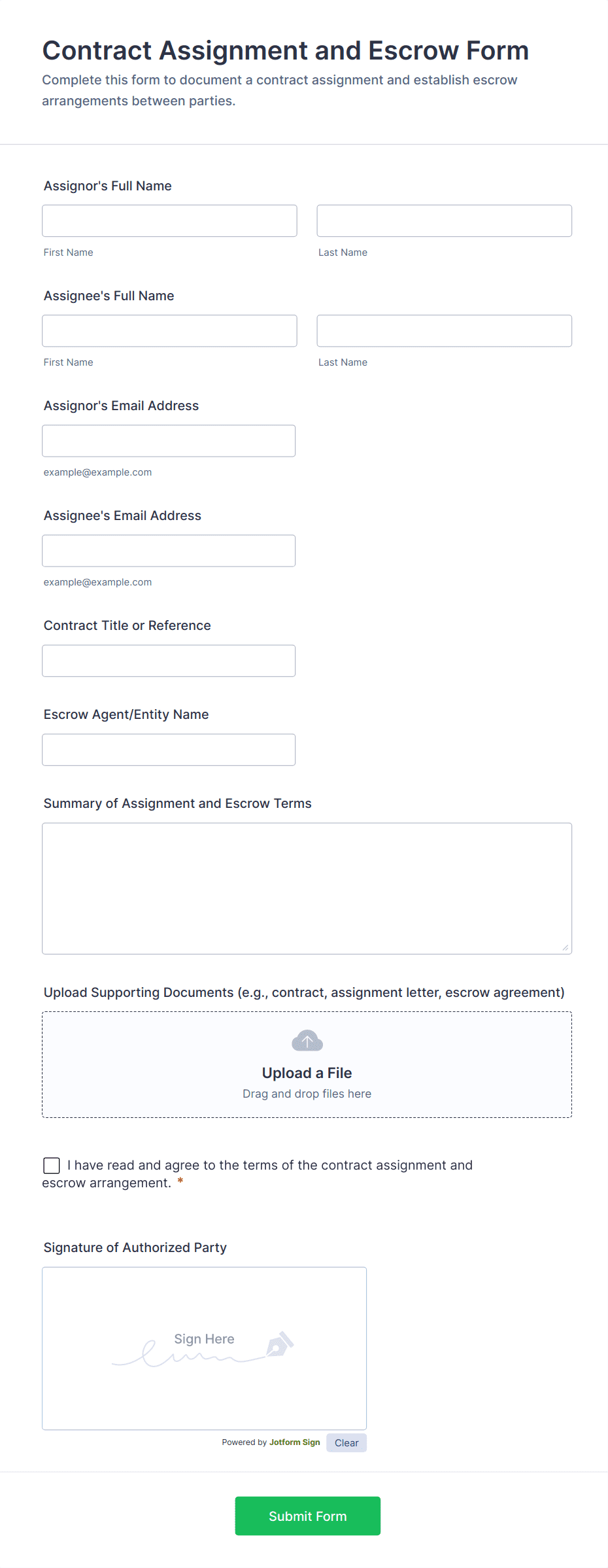 Contract Assignment and Escrow Form Template | Jotform