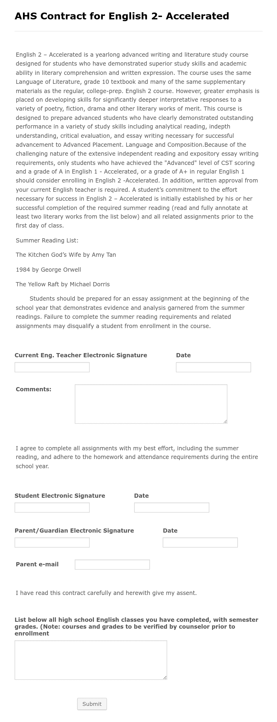 Contract for English 2- Accelerated Form Template | Jotform