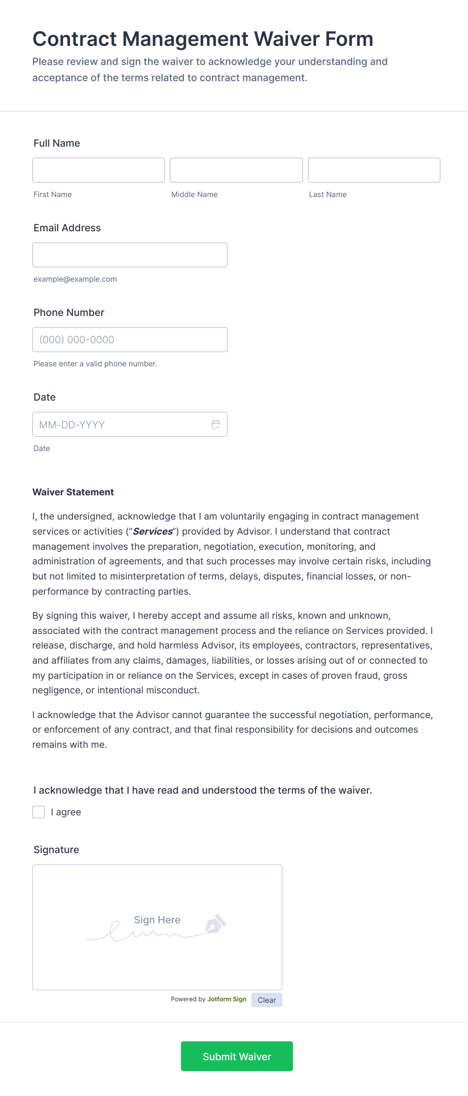Contract Management Waiver Form Template | Jotform
