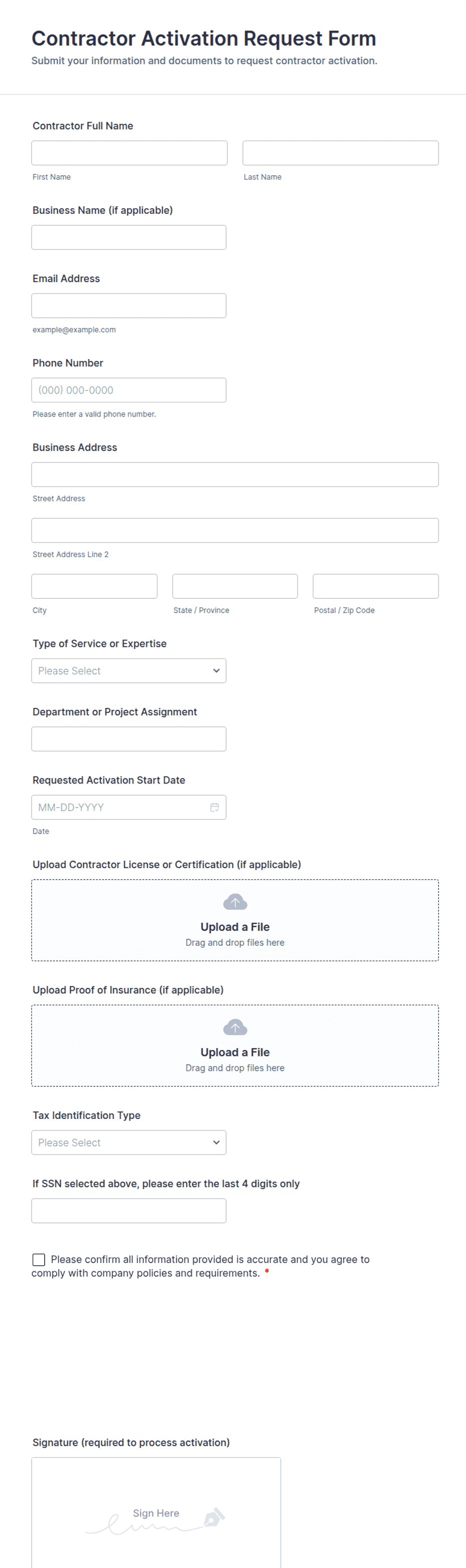 Contractor Activation Request Form Template | Jotform