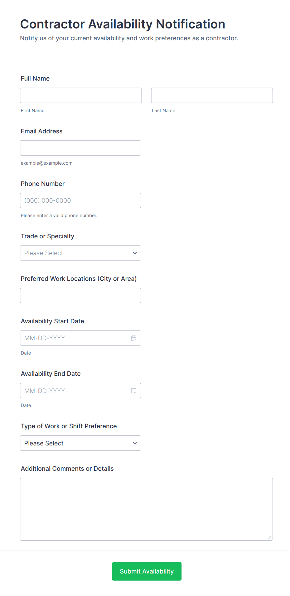Contractor Availability Notification Form Template | Jotform