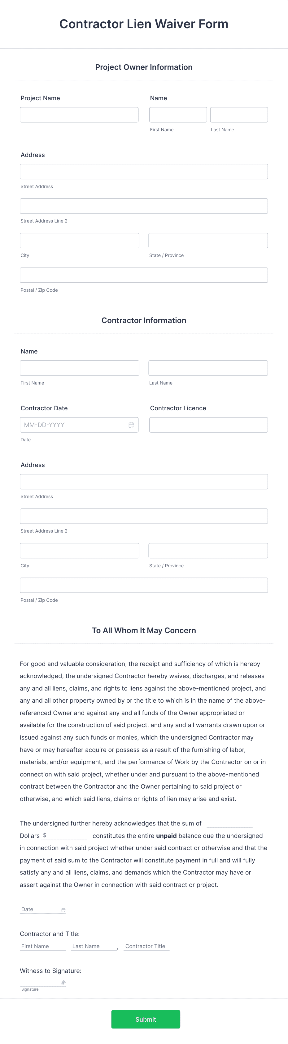 Contractor Lien Waiver Form Template | Jotform
