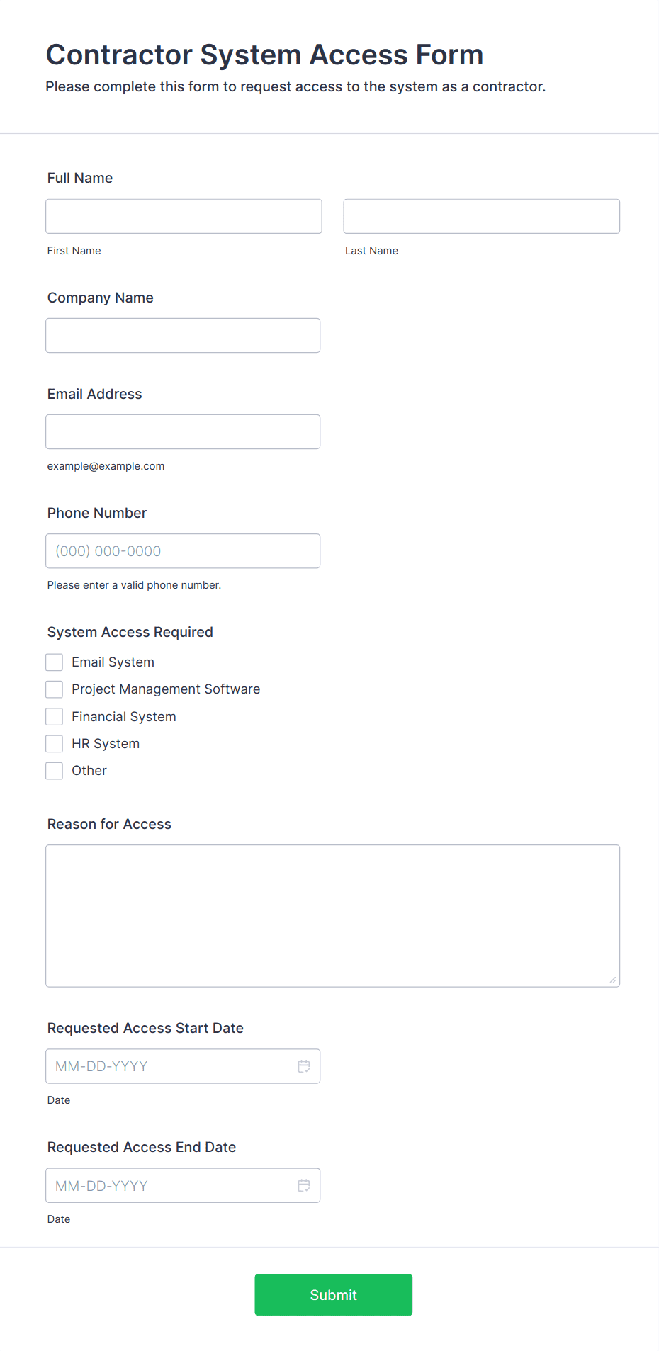 Contractor System Access Form Template | Jotform