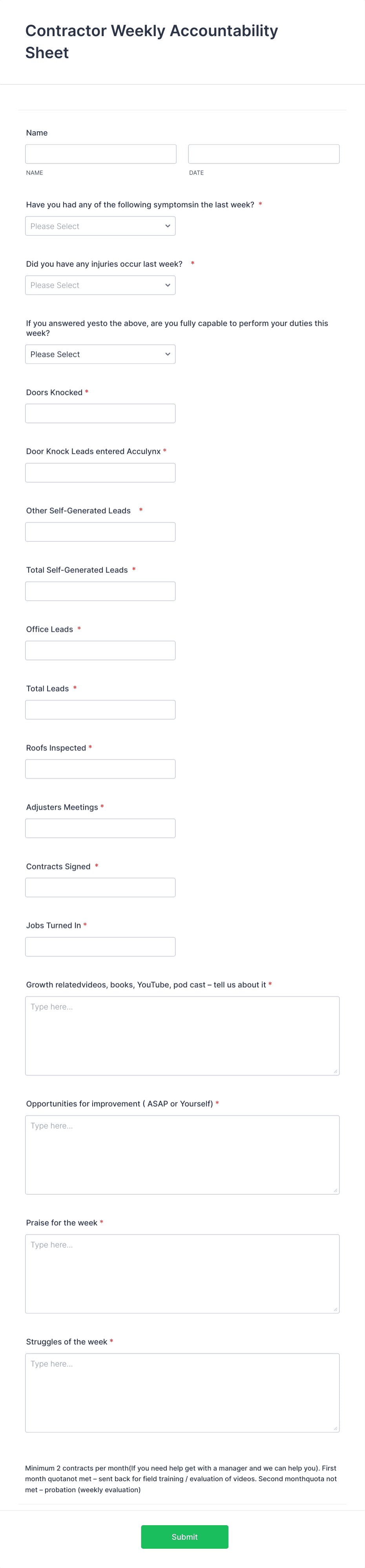 Contractor Weekly Accountability Sheet Form Template | Jotform