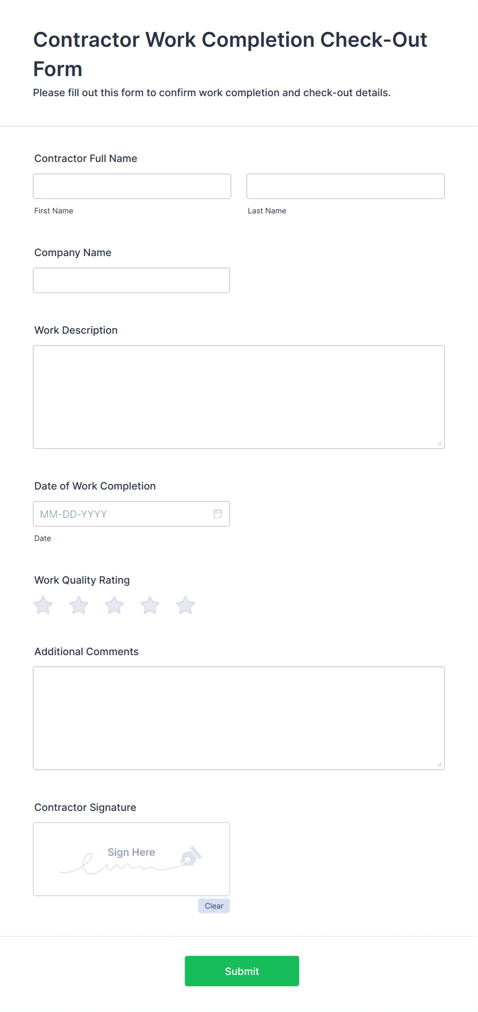 Contractor Work Completion Check-Out Form Template | Jotform