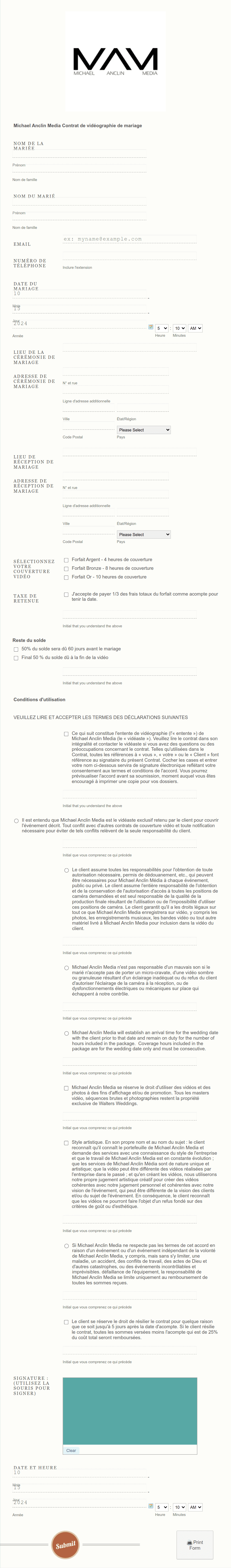 Contrat de vidéographie de mariage Modèle du formulaire | Jotform