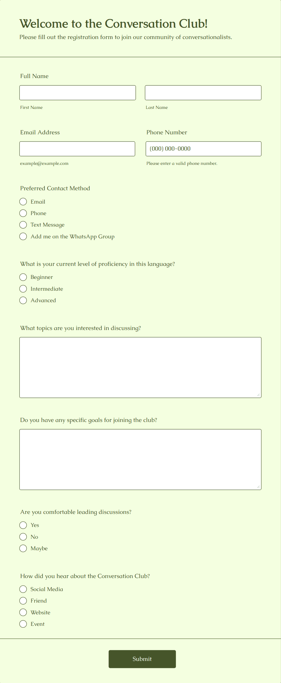 Conversation Club Registration Form Template | Jotform