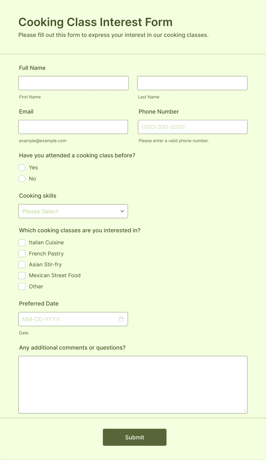 Cooking Class Interest Form Template | Jotform