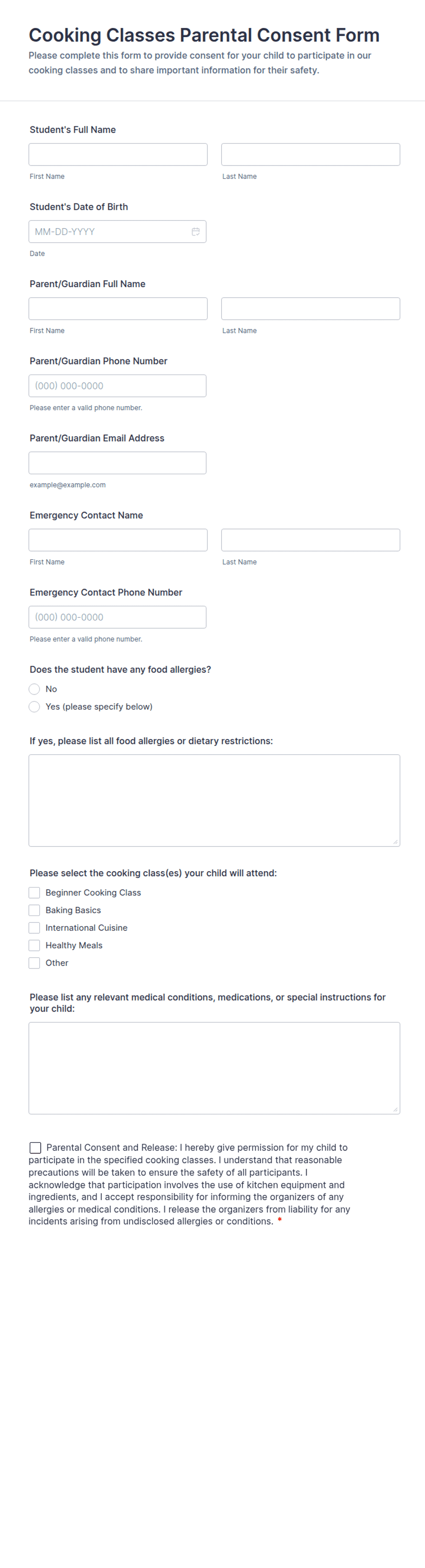 Cooking Classes Parental Consent Form Template | Jotform