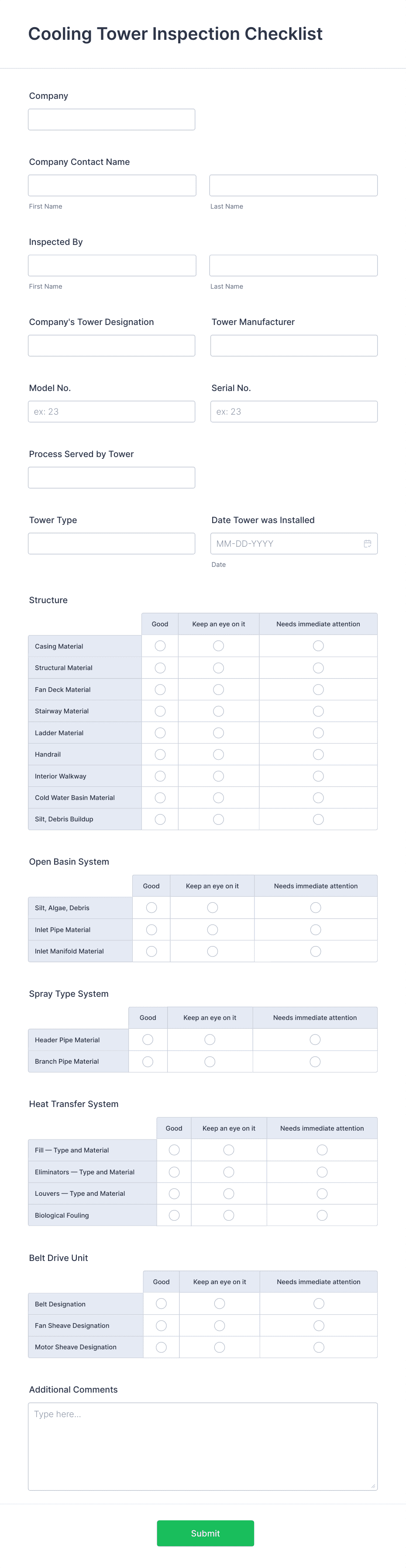 Cooling Tower Inspection Checklist Form Template | Jotform