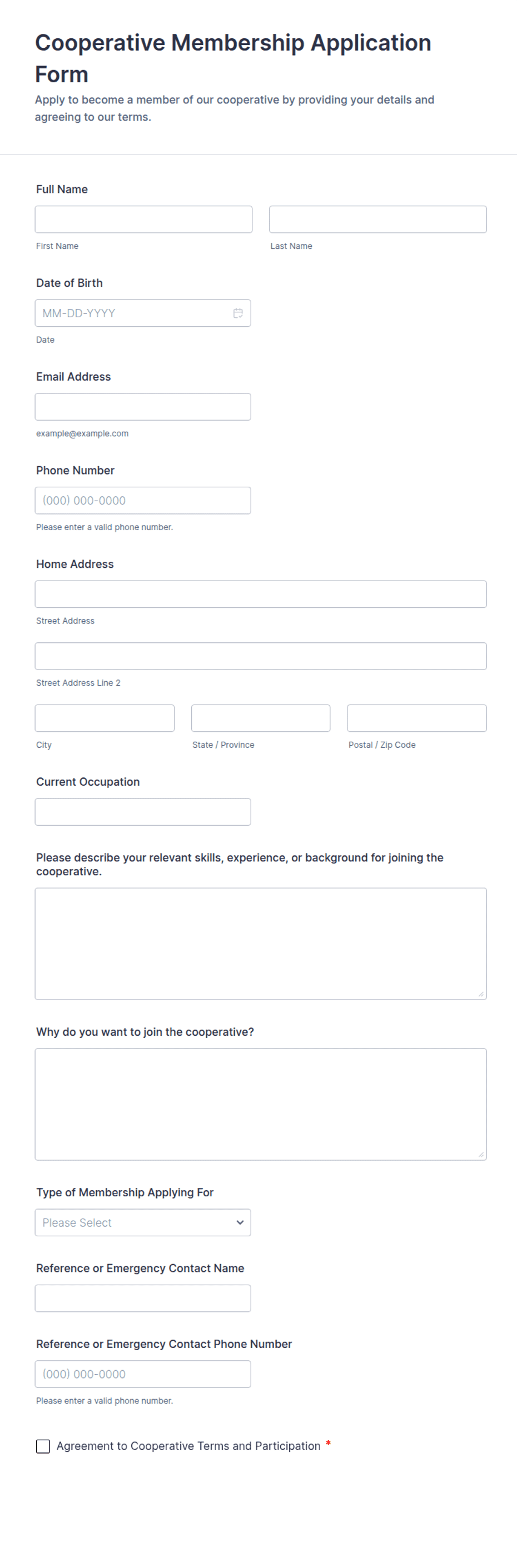 Cooperative Membership Application Form Template | Jotform