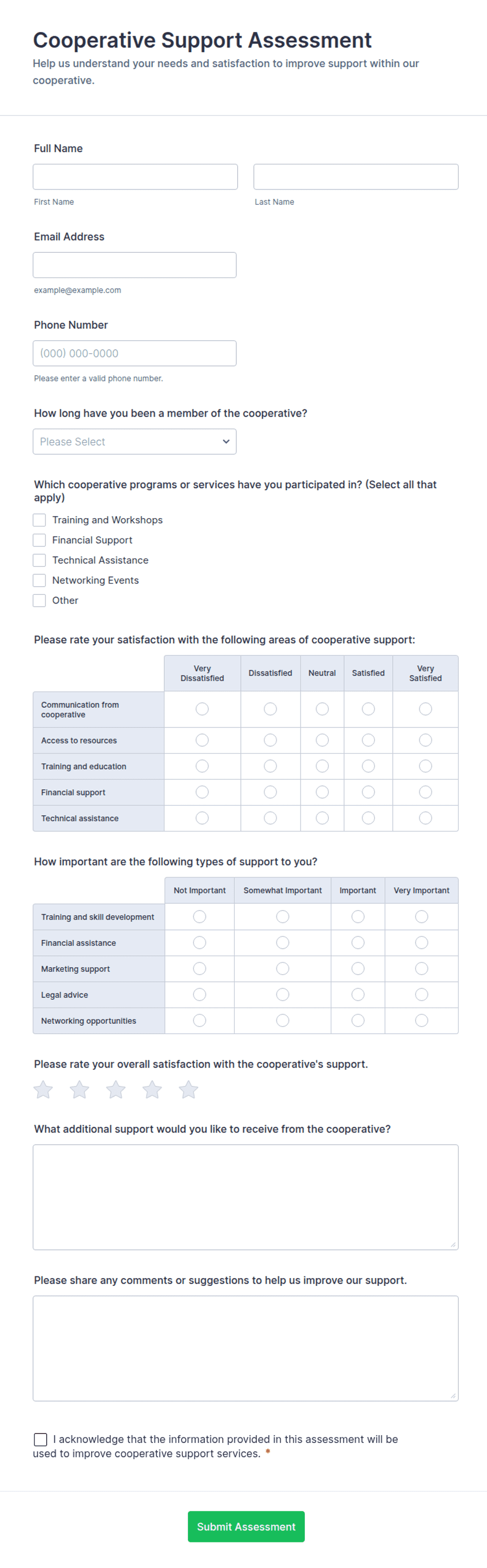 Cooperative Support Assessment Form Template | Jotform