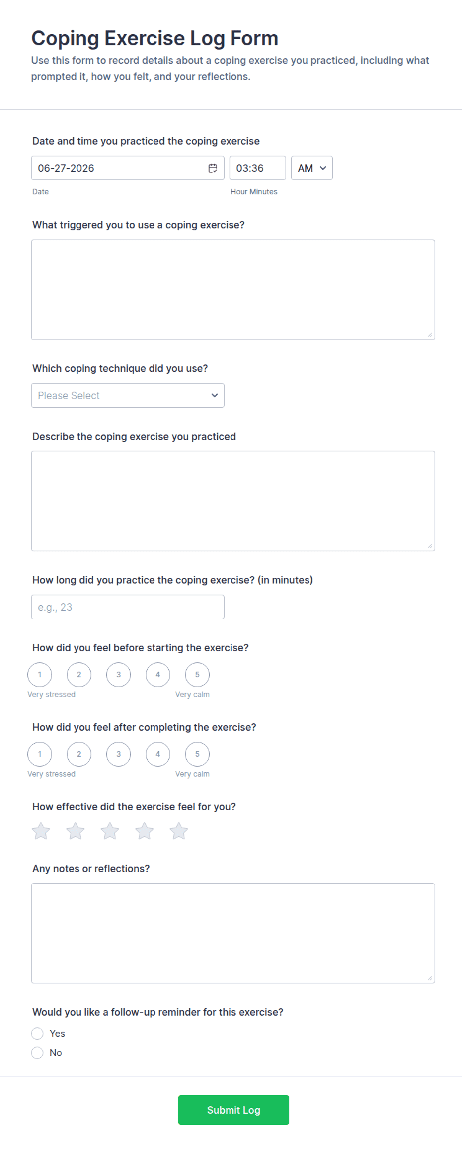Coping Exercise Log Form Template | Jotform