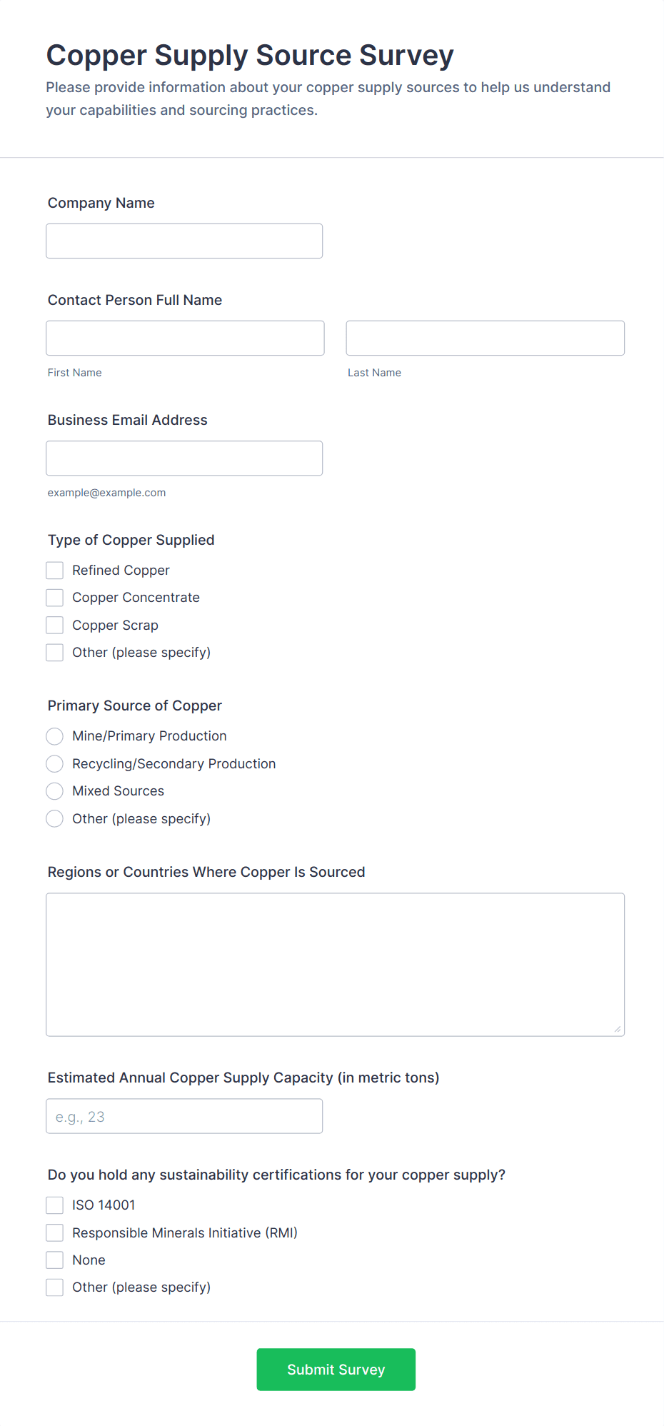Copper Supply Source Survey Form Template | Jotform