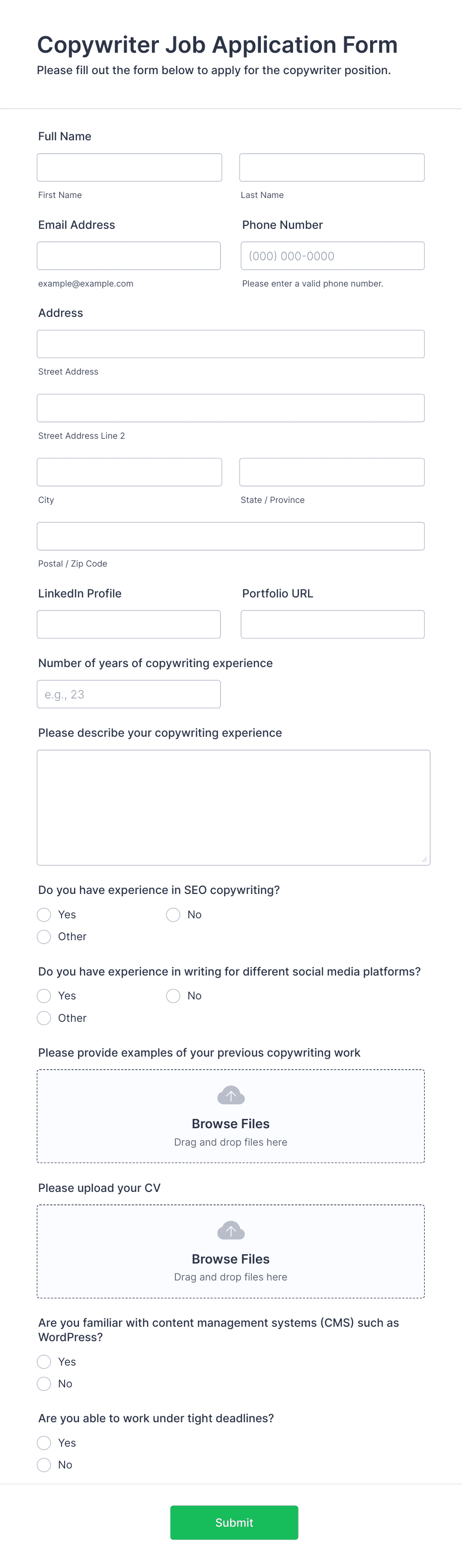Copywriter Job Application Form Template | Jotform