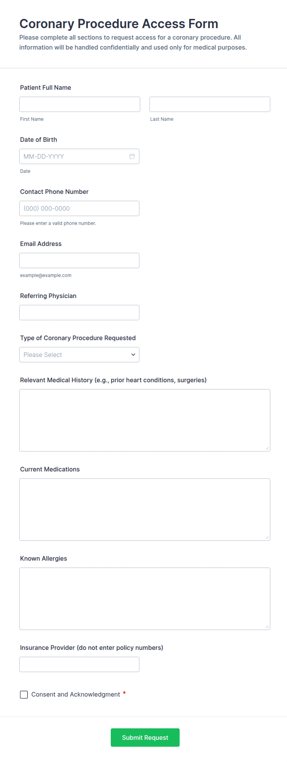 Coronary Procedure Access Form Template | Jotform