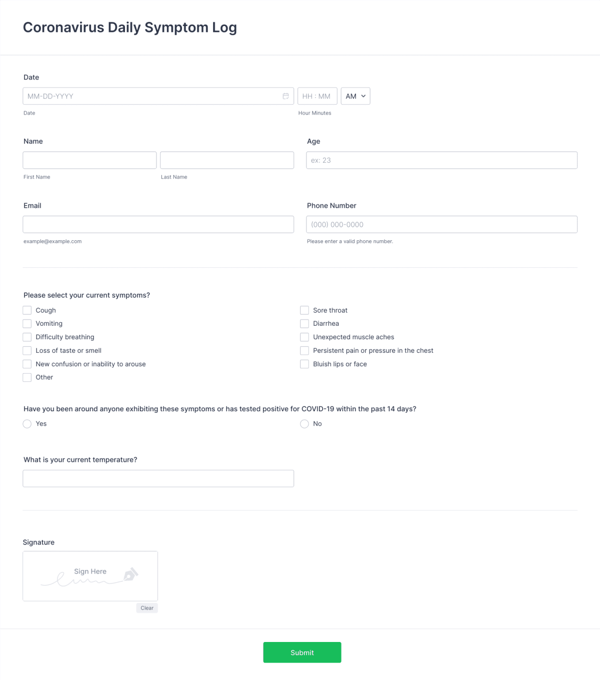 Coronavirus Daily Symptom Log Form Template | Jotform