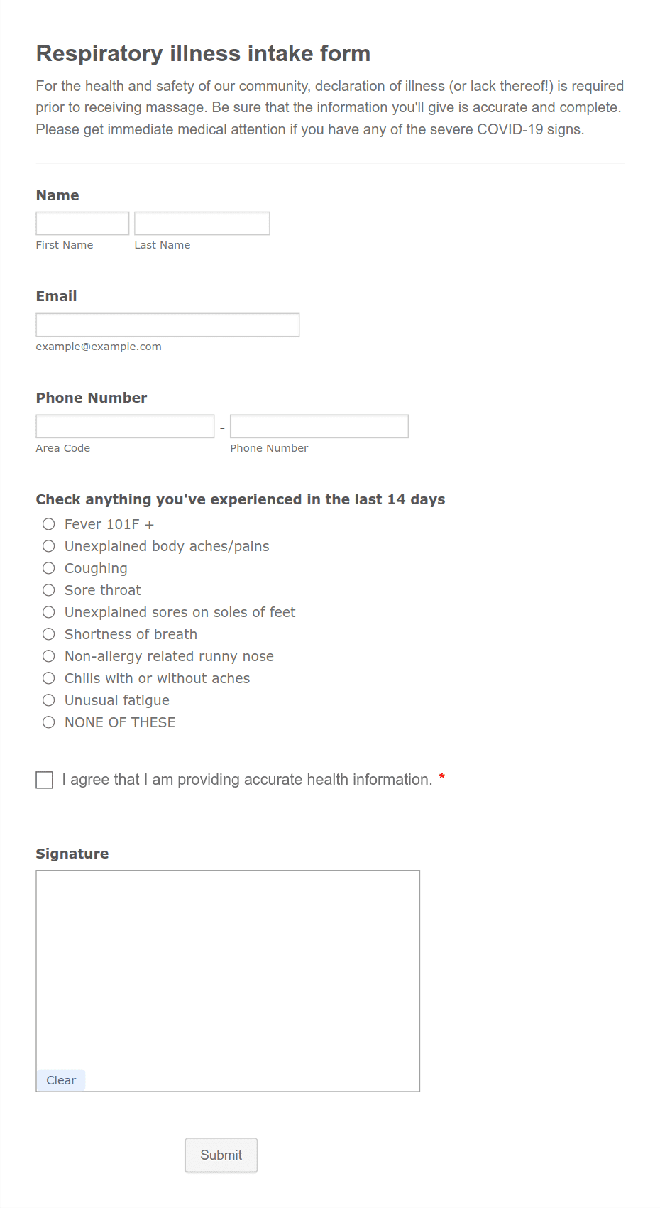 Coronavirus Intake form for Massage Therapists Form Template | Jotform