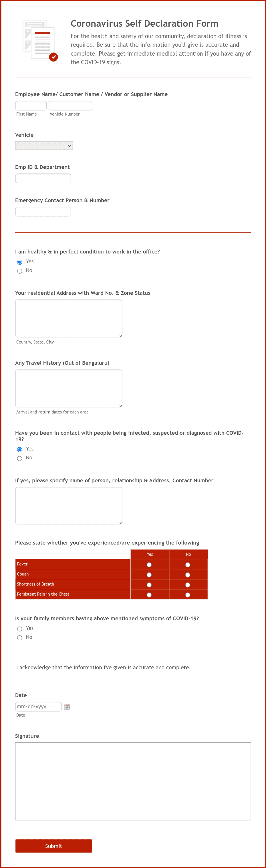 Coronavirus Self Declaration Form-VIVA TOYOTA Form Template | Jotform
