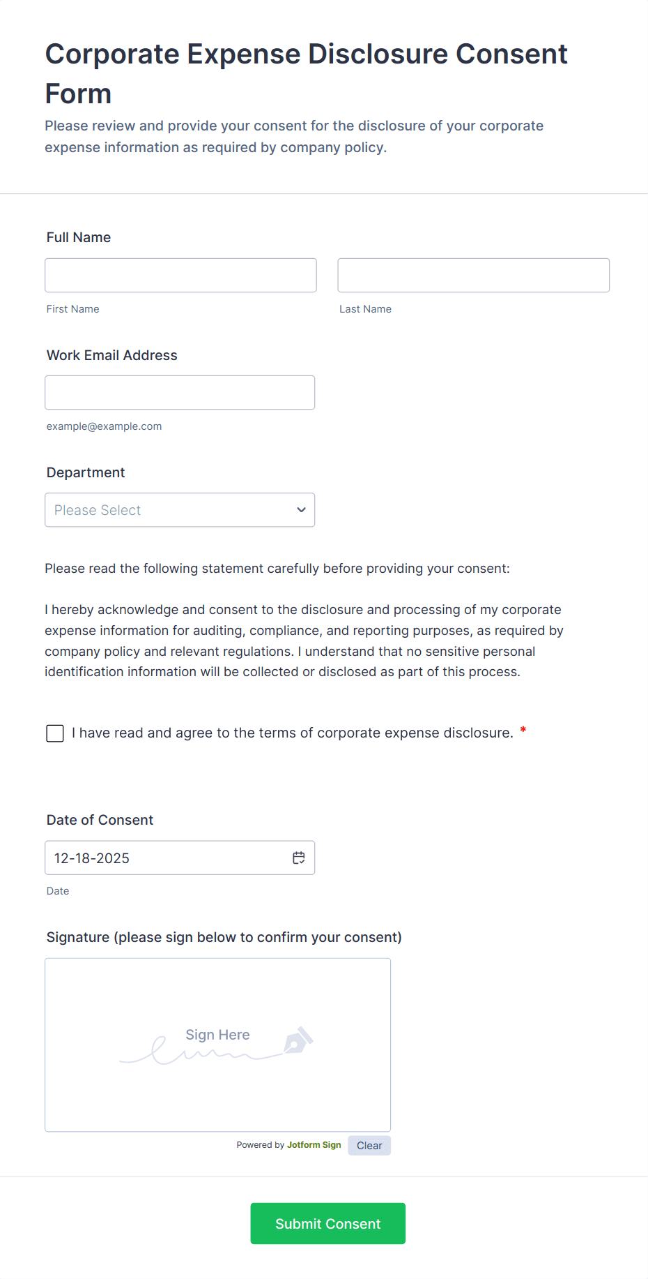 Corporate Expense Disclosure Consent Form Template | Jotform