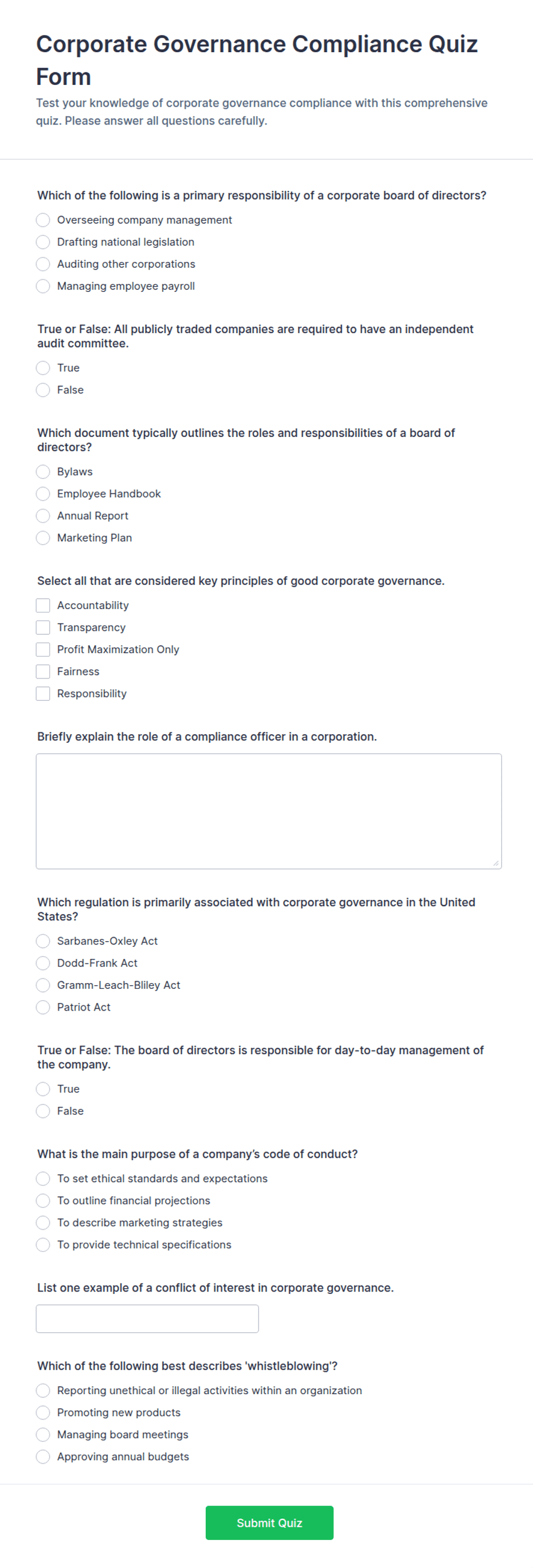 Corporate Governance Compliance Quiz Form Template | Jotform