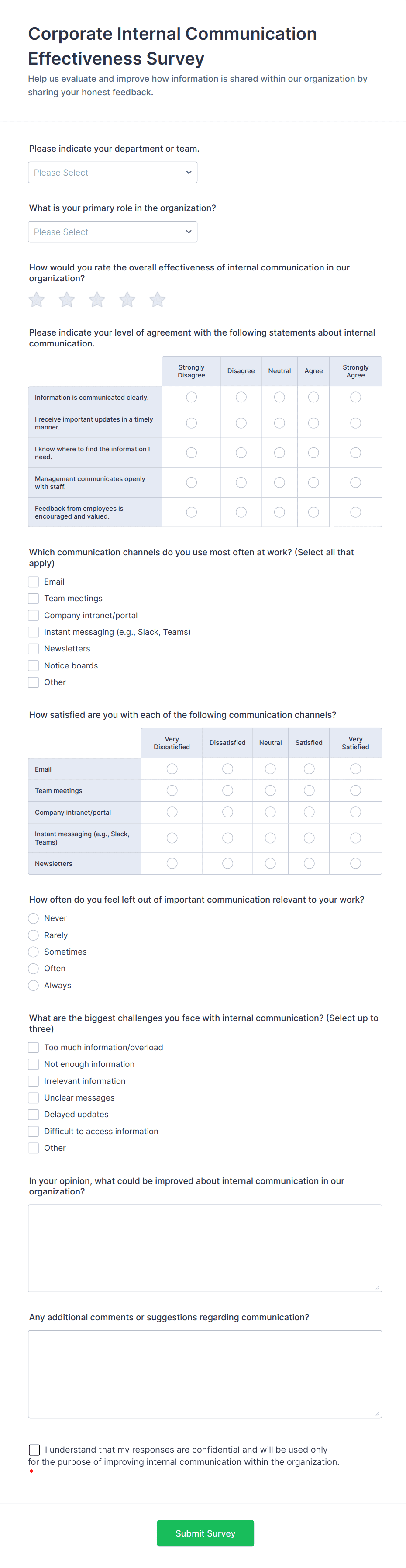 Corporate Internal Communication Effectiveness Survey Form Template ...