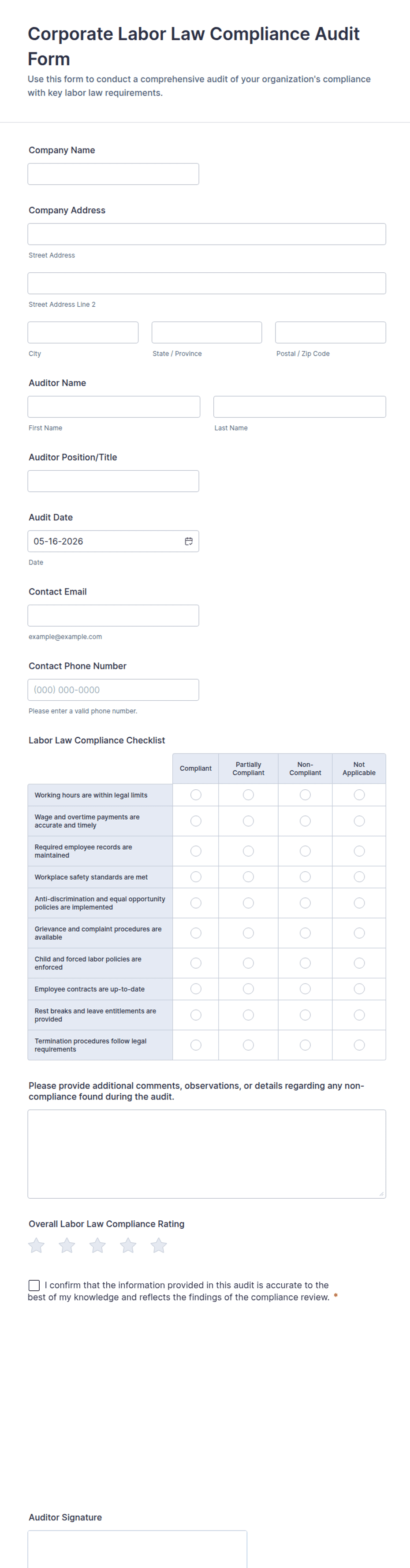 Corporate Labor Law Compliance Audit Form Template | Jotform