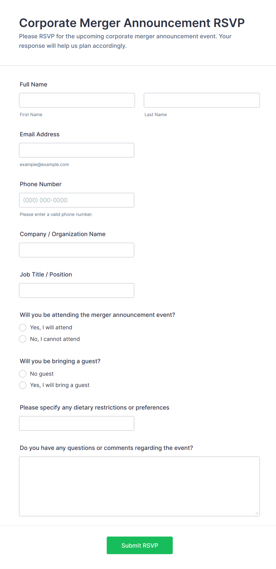 Corporate Merger Announcement RSVP Form Template | Jotform