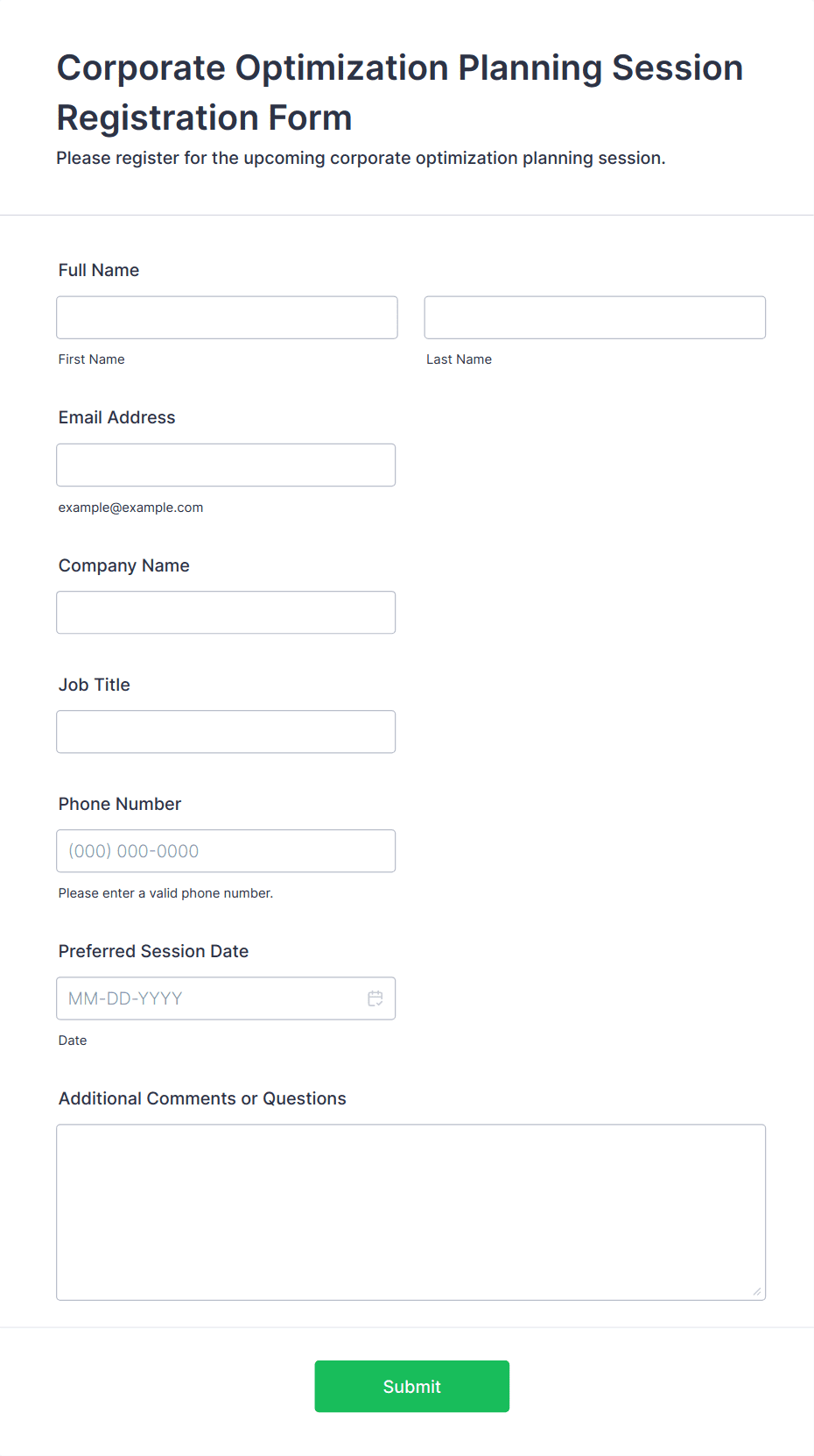 Corporate Optimization Planning Session Registration Form Template ...