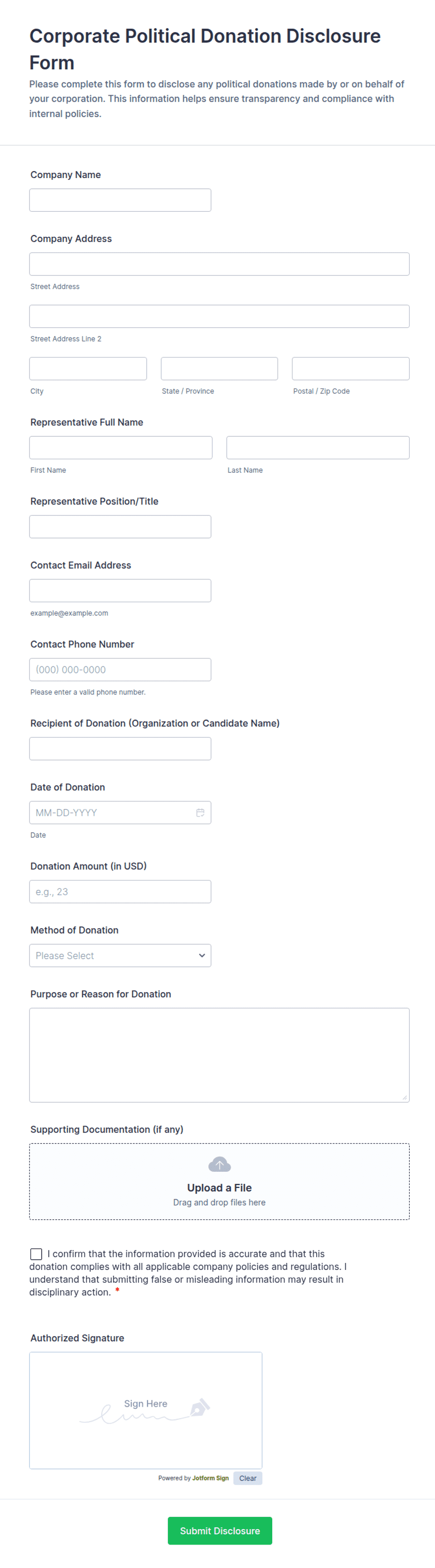 Corporate Political Donation Disclosure Form Template | Jotform