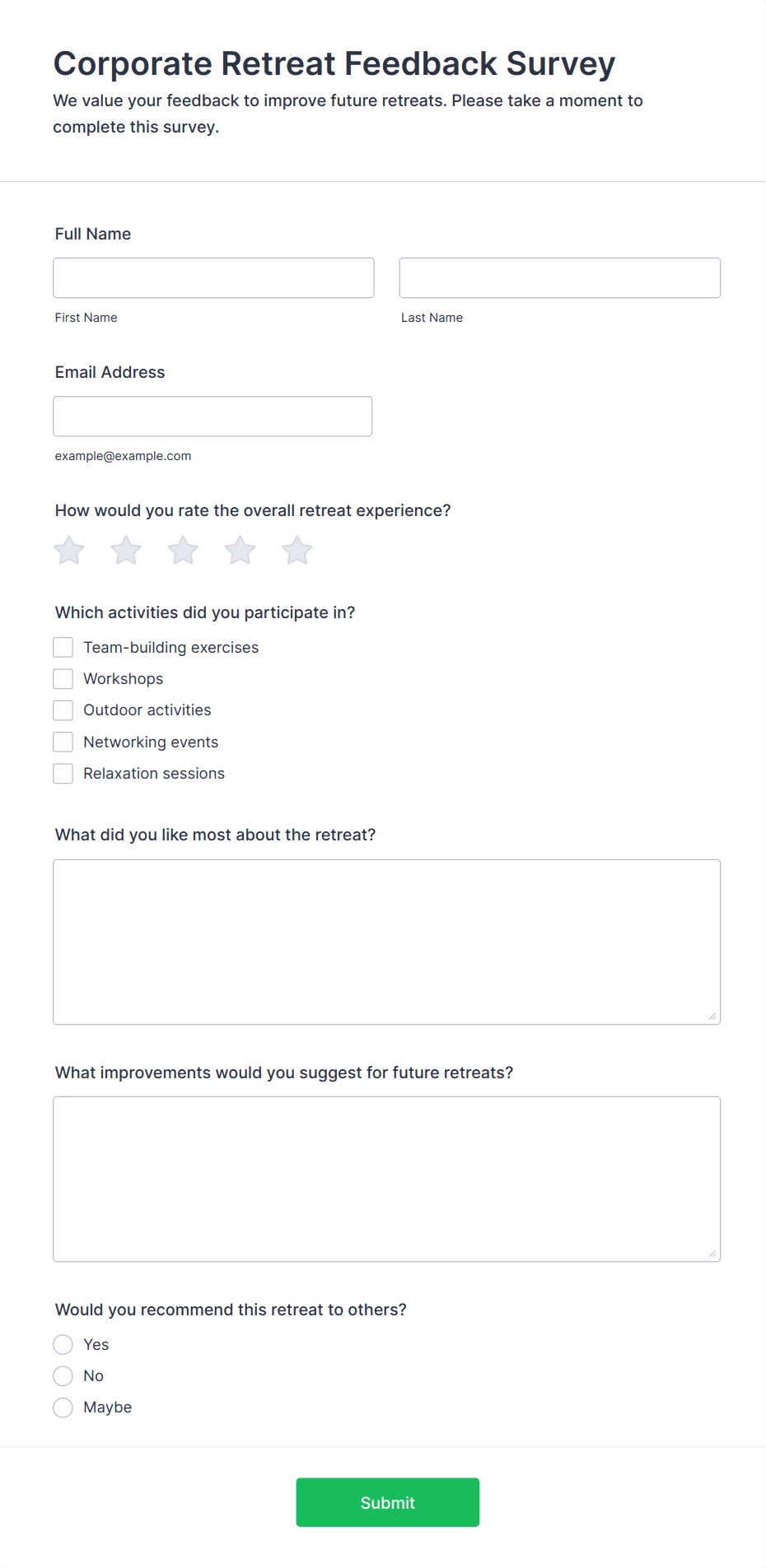 Corporate Retreat Feedback Survey Form Template | Jotform
