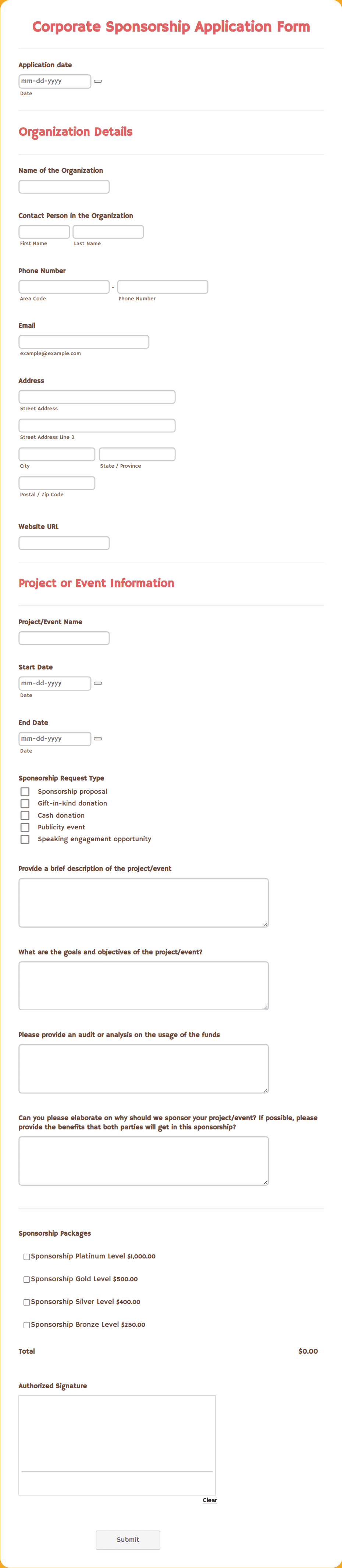 Corporate Sponsorship Application Form Template | Jotform