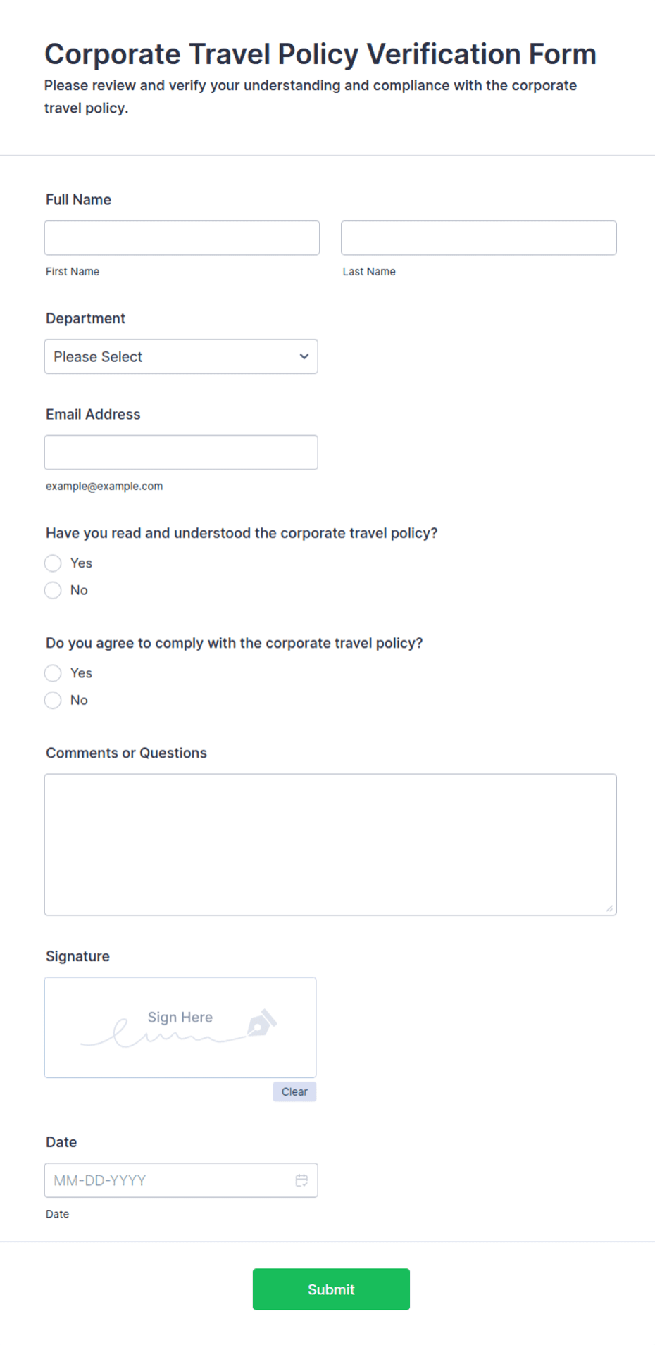Corporate Travel Policy Verification Form Template | Jotform
