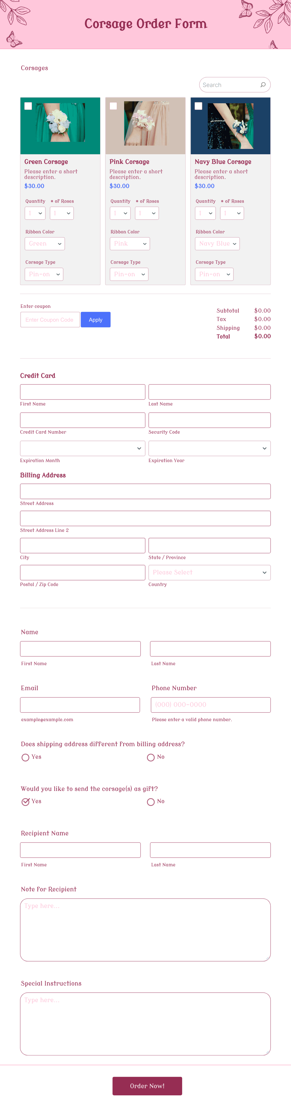 Corsage Order Form Template | Jotform