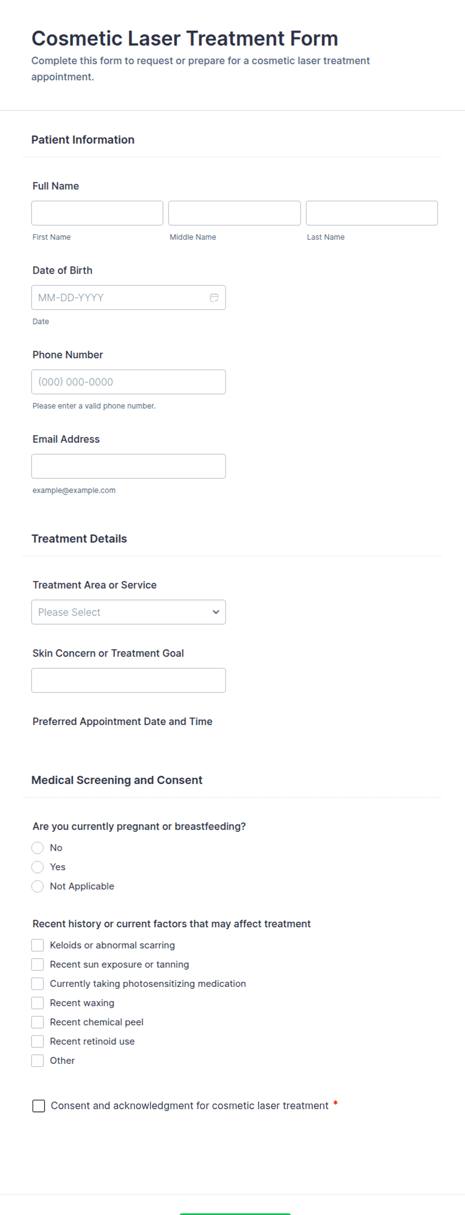 Cosmetic Laser Treatment Form Template | Jotform