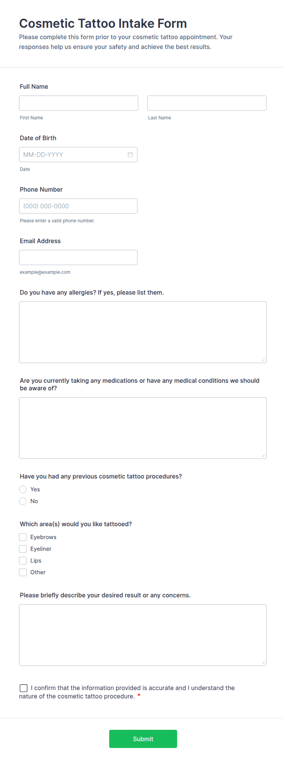 Cosmetic Tattoo Intake Form Template | Jotform