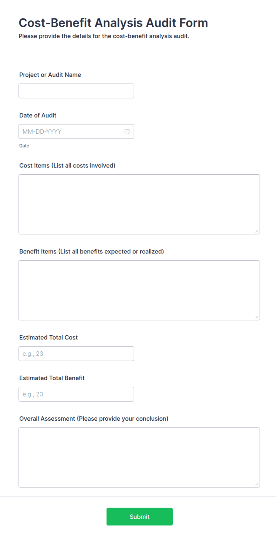 Cost-Benefit Analysis Audit Form Template | Jotform