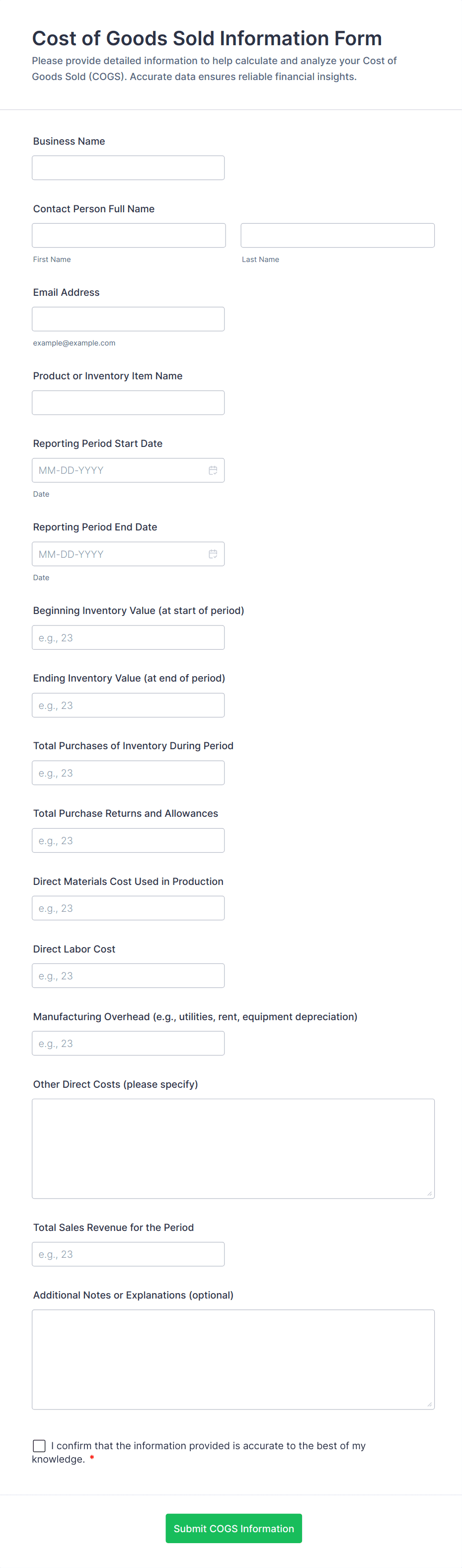 Cost of Goods Sold Information Form Template | Jotform