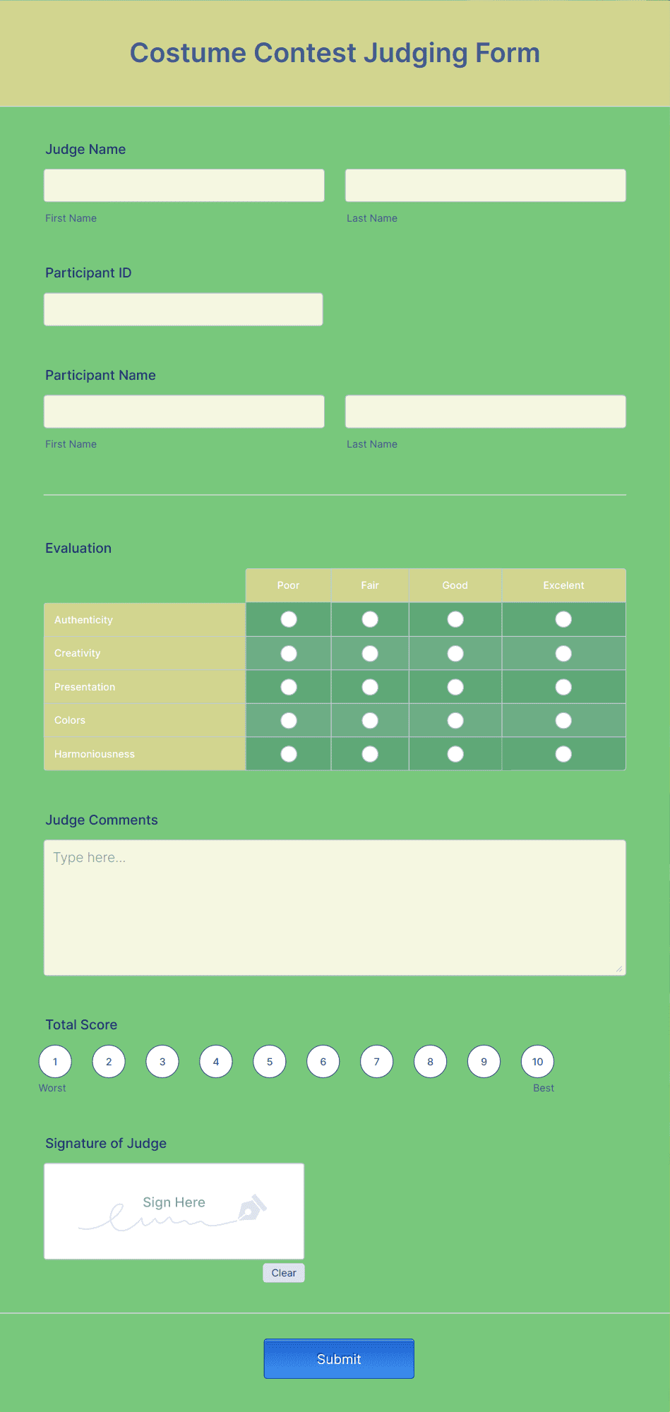Costume Contest Judging Form Template | Jotform