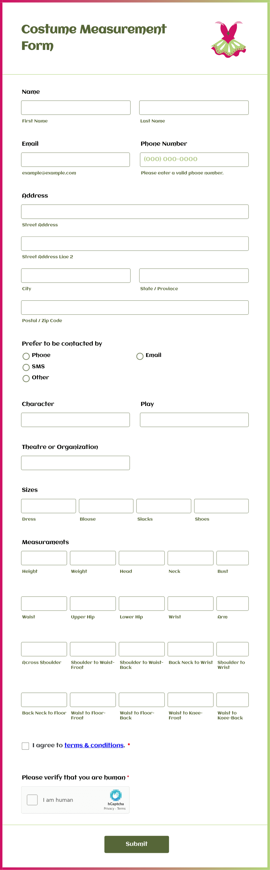 Costume Measurement Form Template | Jotform