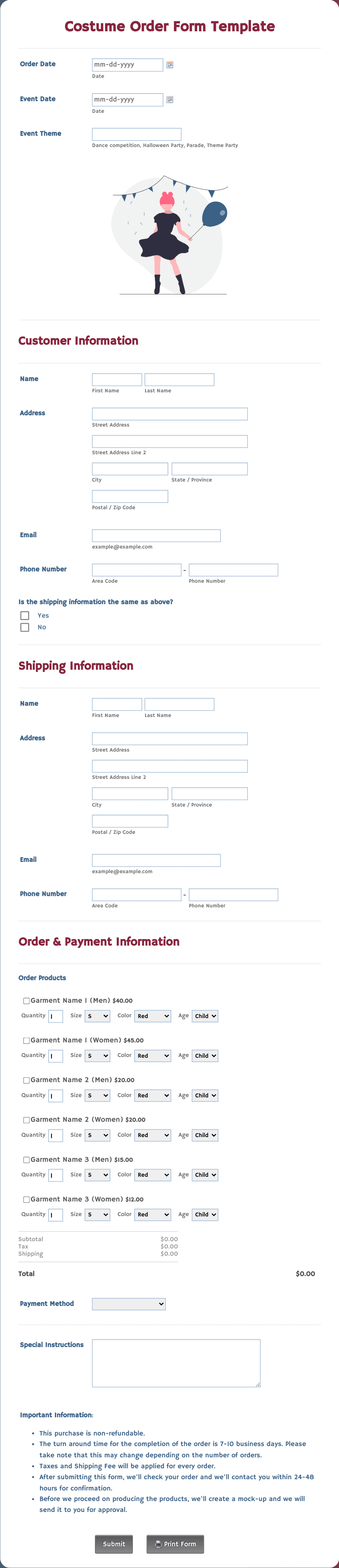 Costume Order Form Template | Jotform