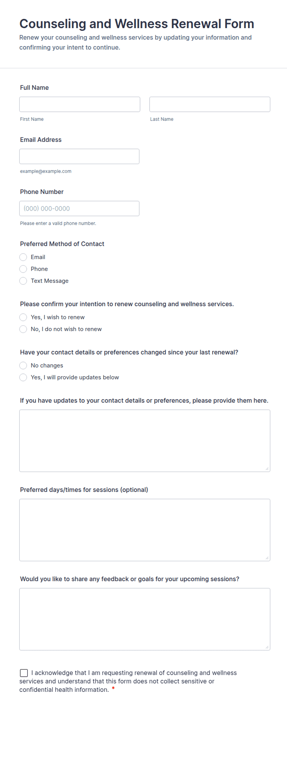 Counseling and Wellness Renewal Form Template | Jotform