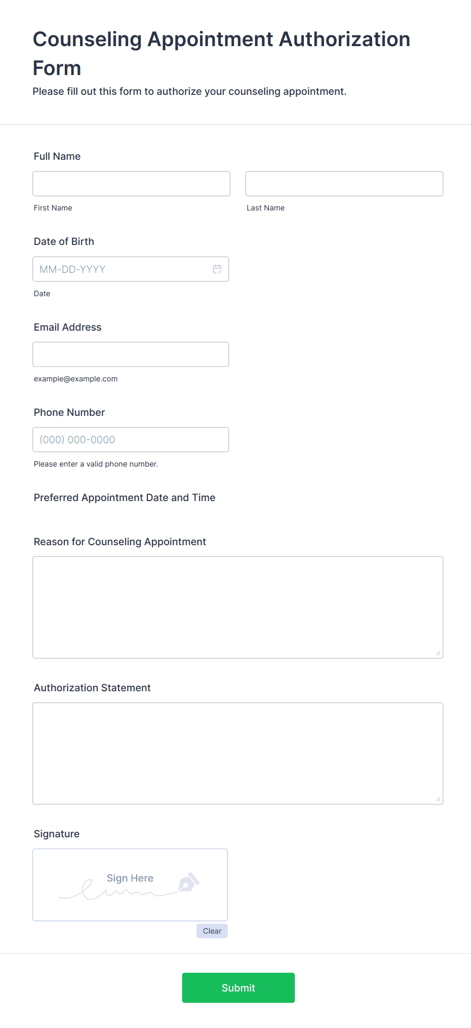 Counseling Appointment Authorization Form Template | Jotform