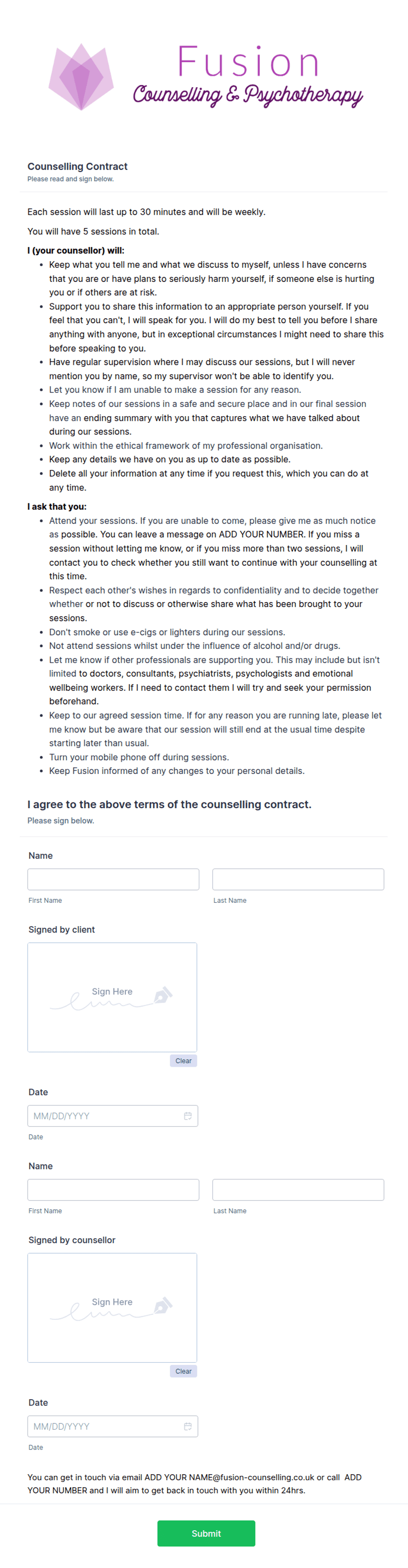 Counseling Contract Form Template | Jotform