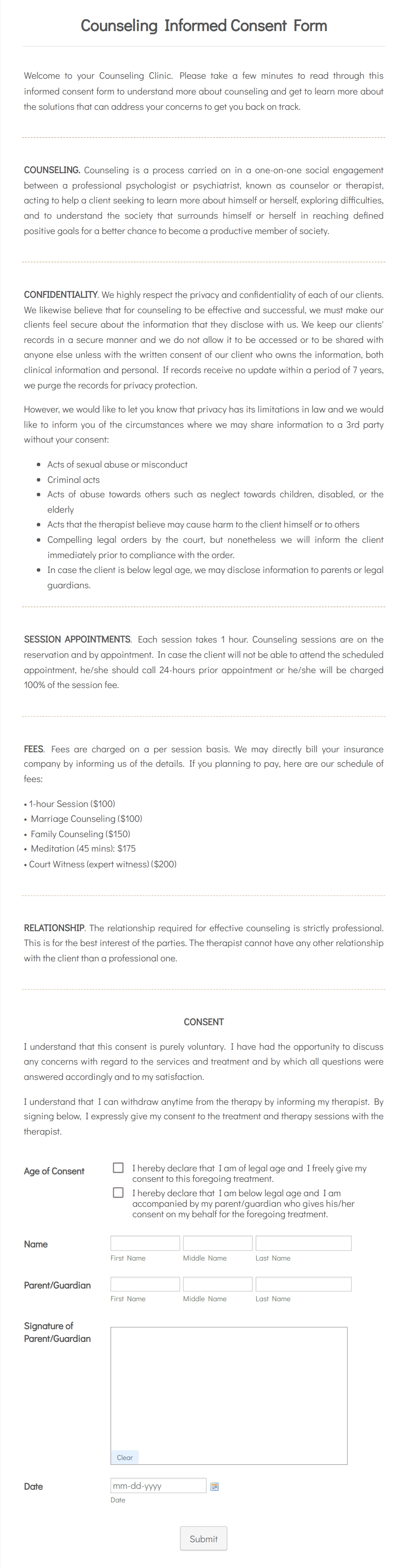 Counseling Informed Consent Form Template | Jotform